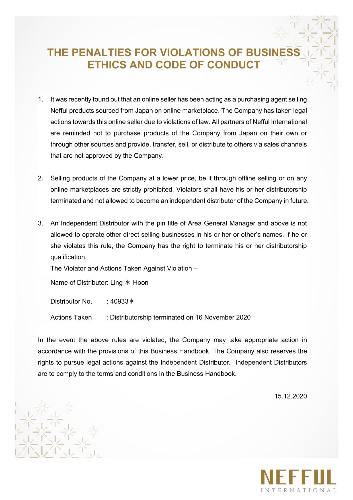 Important Notice – The Penalties For Violations of Business Ethics and ...