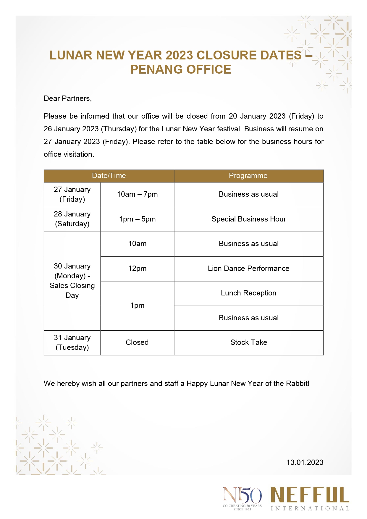 Lunar New Year 2023 Closure Dates (Penang Office) – Nefful Malaysia Sdn Bhd